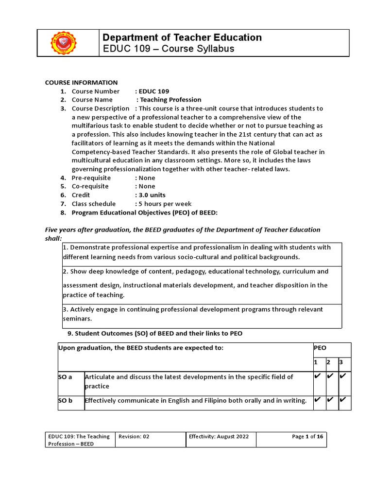 EDUC 109: Teaching Profession Syllabus | PDF | Teachers | Educational Technology