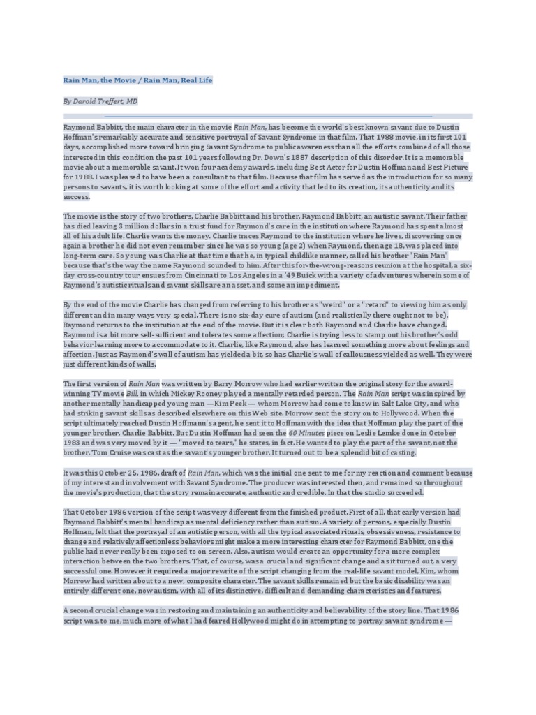 By Darold Treffert, MD: Rain Man, The Movie / Rain Man, Real Life | PDF ...