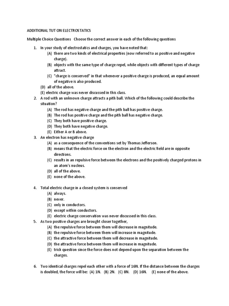 Additional Tut On Electrostatics | PDF | Electric Charge | Force