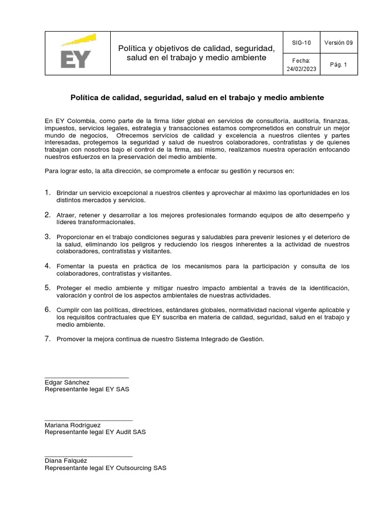 Ey Sig Politica y Objetivos Sig 2023 | PDF | Valores | Entorno natural