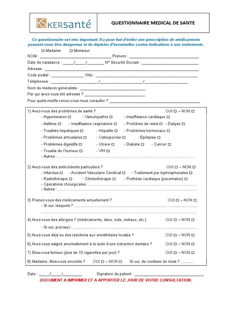 Questionnaire Médical Dentaire Essentiel | PDF | Sciences de la santé ...