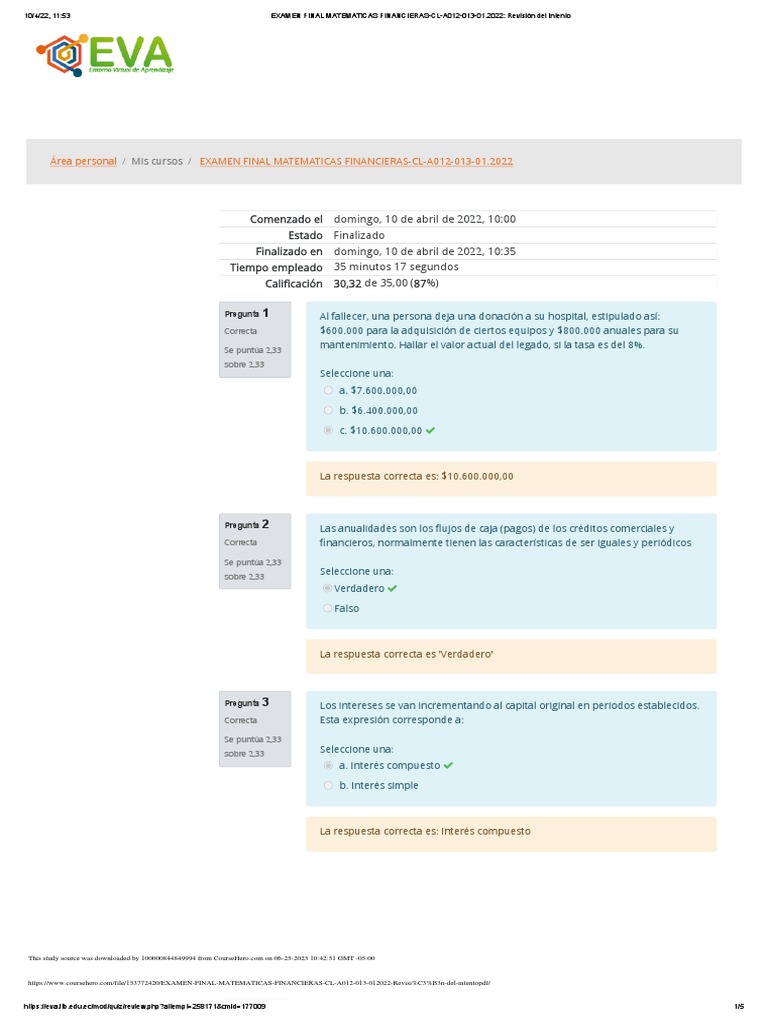 EXAMEN FINAL MATEMATICAS FINANCIERAS CL A012 013 01.2022 Revisi N Del Intento PDF | PDF ...