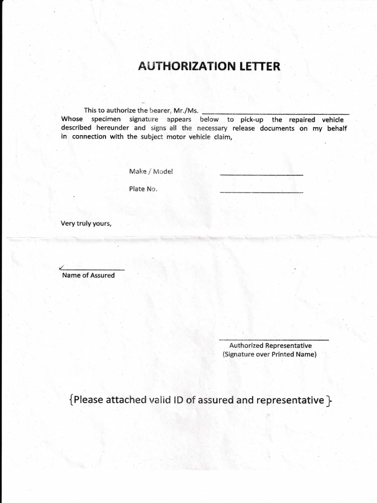 Authorization Letter for Vehicle Pickup | PDF