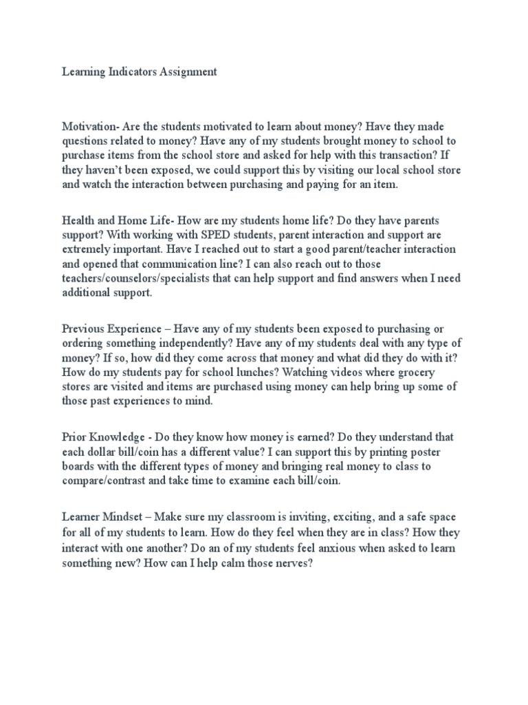 Learning Indicators Assignment | PDF