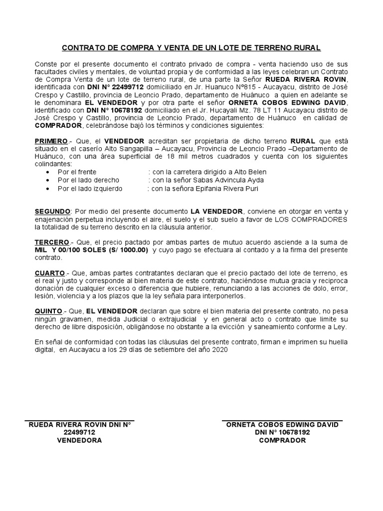 01 Contrato de Compra Venta de Un Lote de Terreno Ruda Rivera | PDF ...