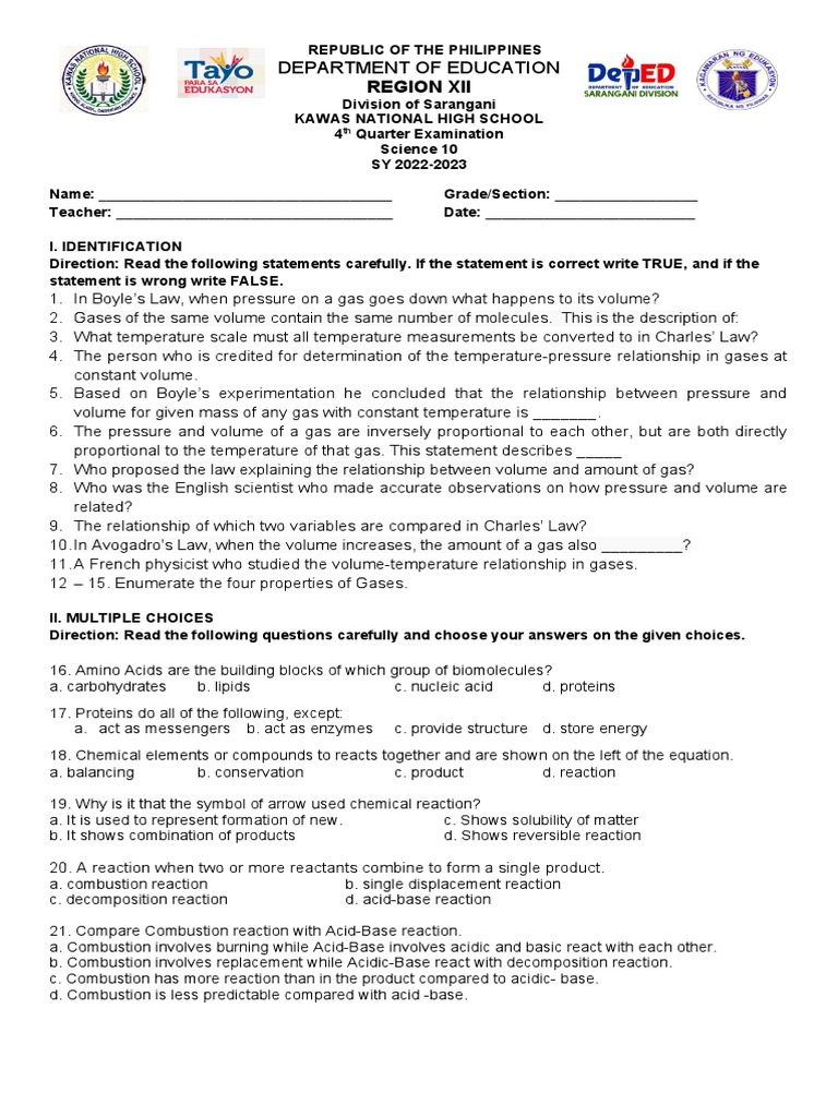 G10 Science Exam 4th Quarter | PDF | Chemical Reactions | Gases