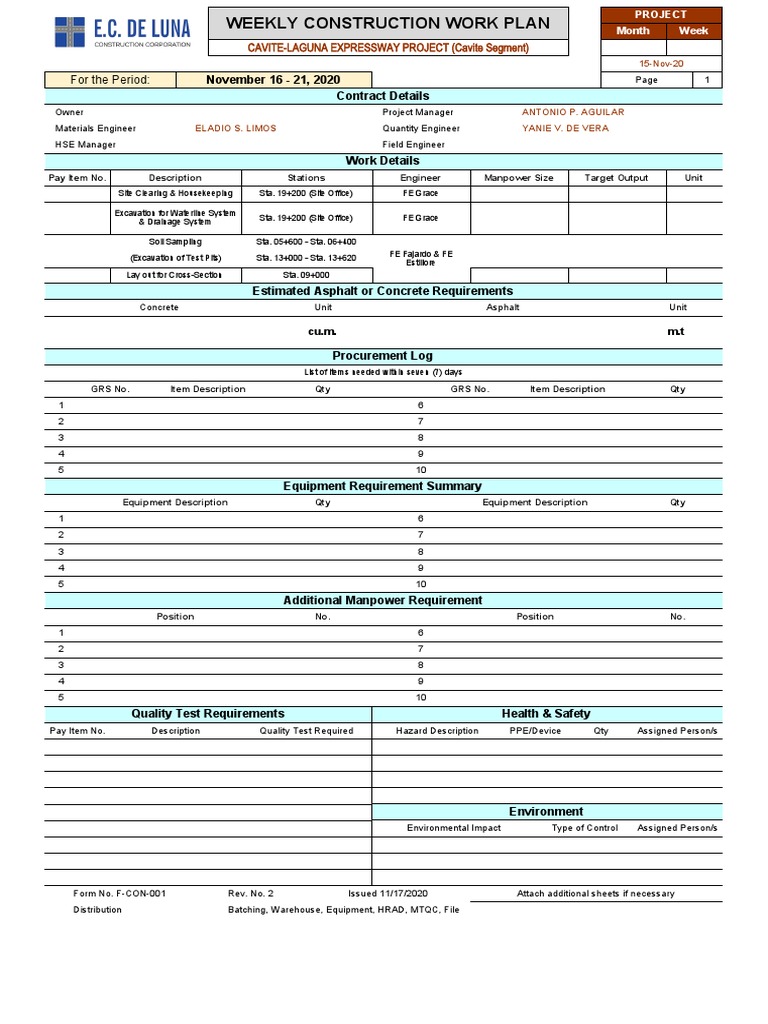 Weekly Construction Work Plan December | PDF | Personal Protective ...