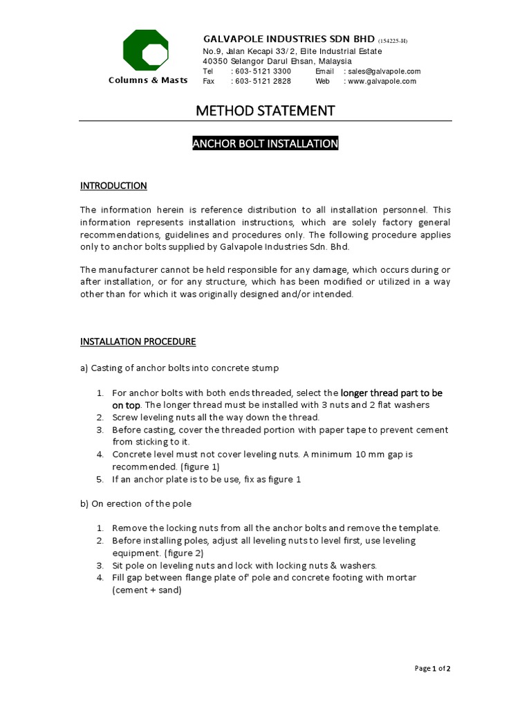 Method Statement - Anchor Bolt Installation | PDF | Screw | Nut (Hardware)