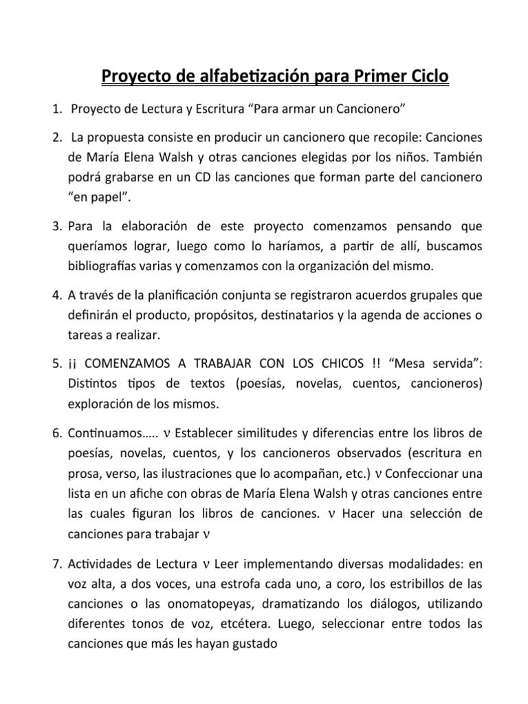 Proyecto de alfabetización para Primer Ciclo | PDF