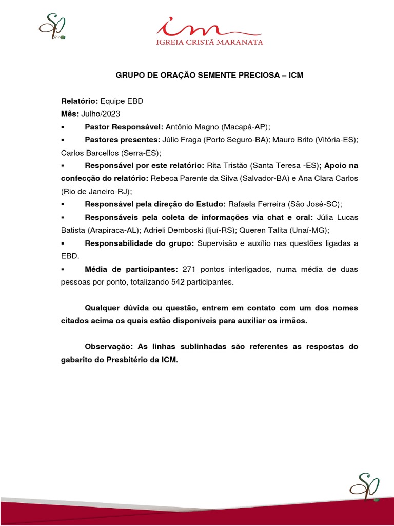 Relatório EBD: Igreja e Mistérios | PDF | Presente espiritual | Jesus