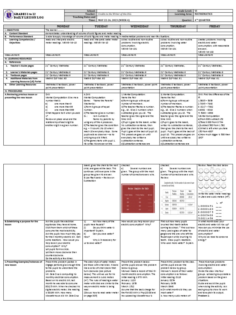 DLL - Mathematics 6 - Q4 - W4 | PDF | Consumption (Economics) | Mathematics