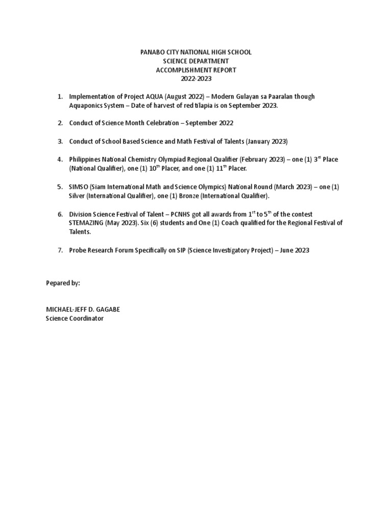 Science Accomplishment SY 2022-2023 | PDF