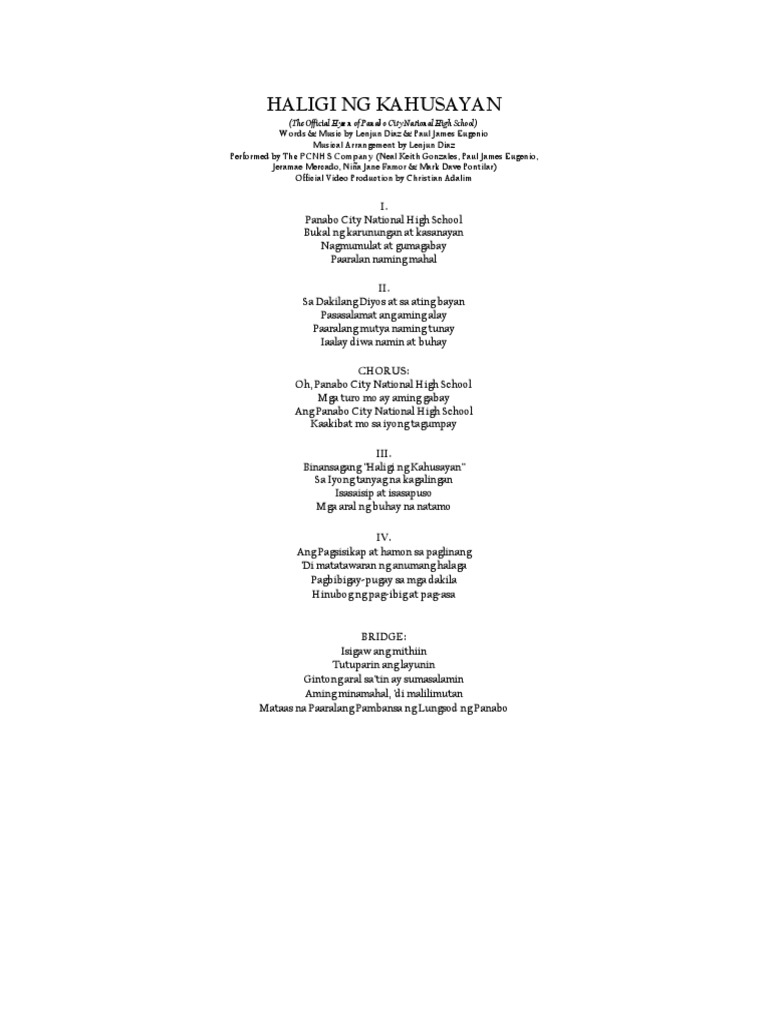 Haligi Ng Kahusayan Pcnhs Hymn | PDF