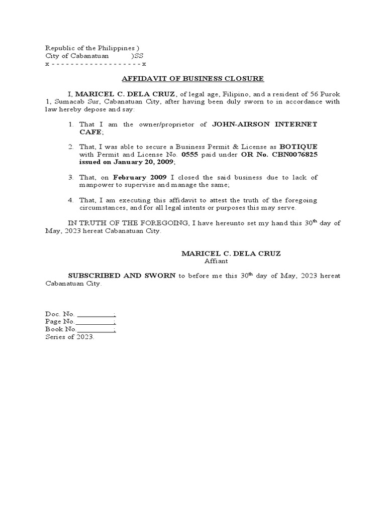 Business Closure Affidavit 2023 | PDF | Law