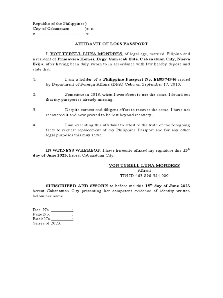 Affidavit of Loss - PASSPORT | PDF | Law