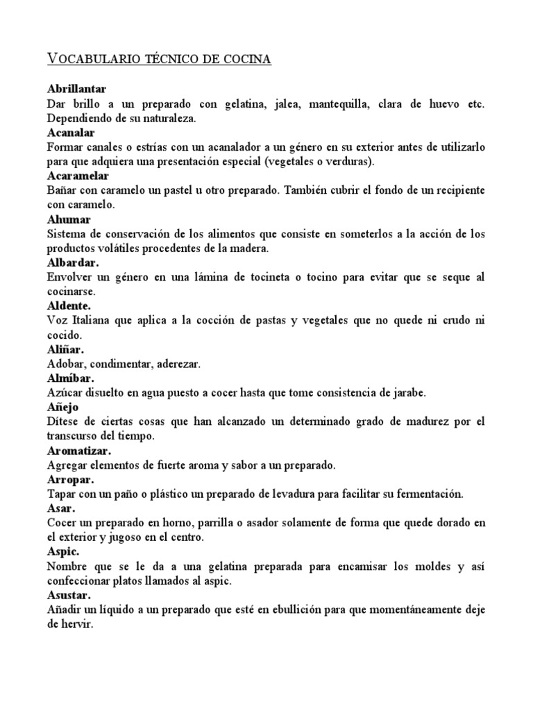 Vocabulario Técnico De Cocina Imprimir Pdf Caldo Cocinando