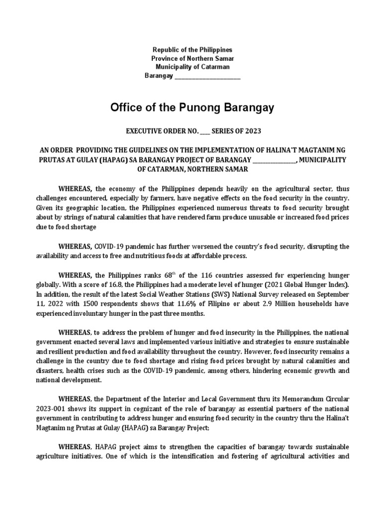 EO HAPAG For Barangays Sample | PDF | Food Security | Hunger