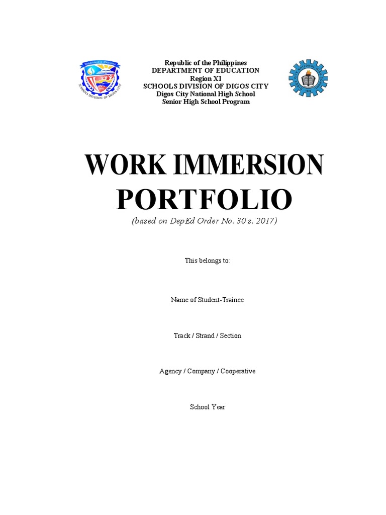 Work Immersion Portfolio: (Based On Deped Order No. 30 S. 2017) | PDF ...
