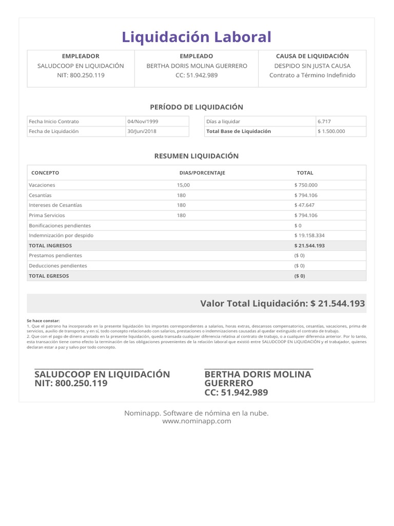 LIQUIDACIÓN DESPIDO SIN JUSTA CAUSA DORIS MOLINA CC 51942989 | PDF ...
