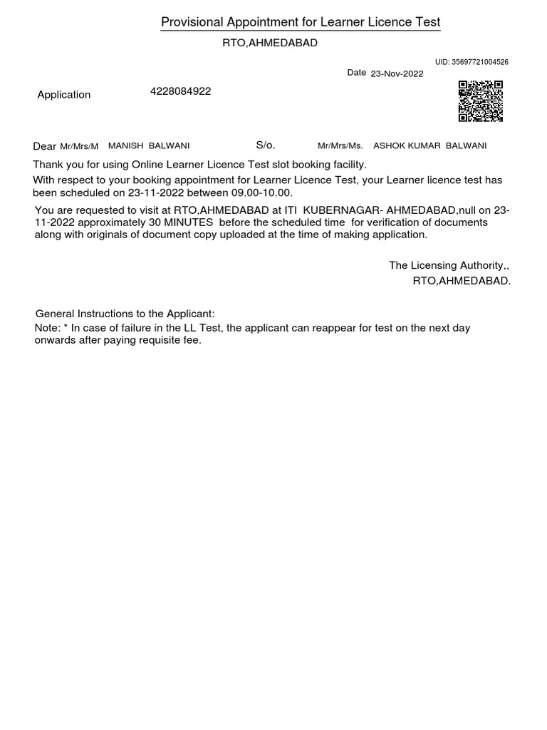 Provisional Appointment For Learner Licence Test: 23-Nov-2022 Date | PDF
