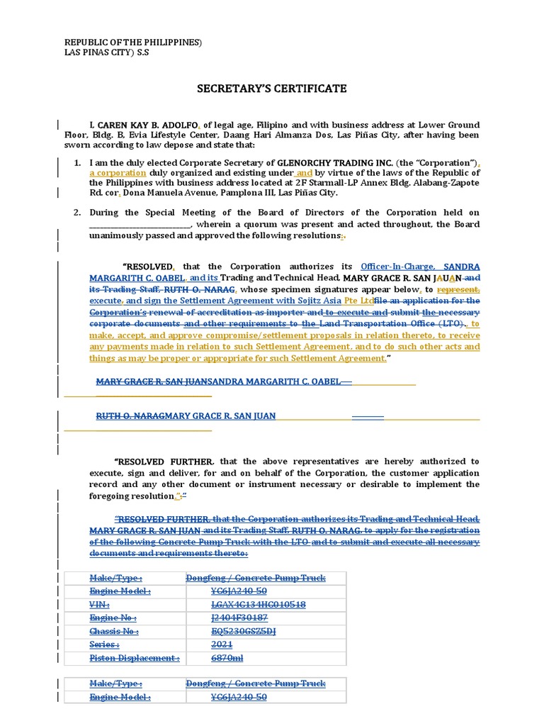 Secretary's Certificate - Authorization | PDF