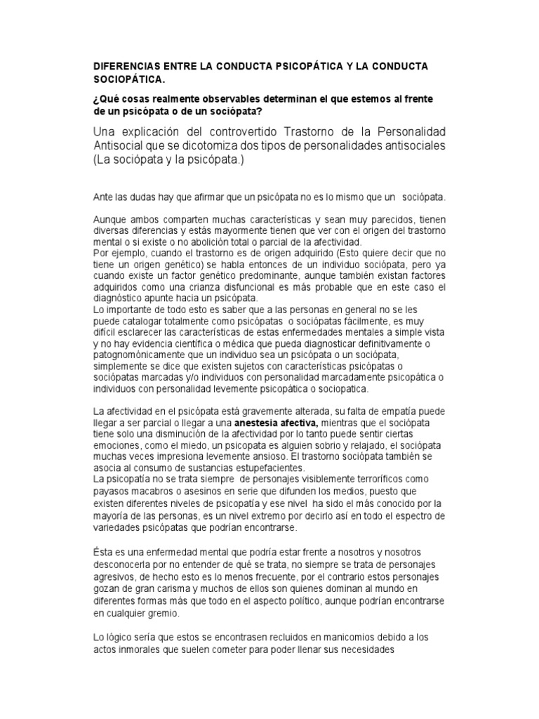 Diferencias entre psicopatía y sociopatía | PDF | Desorden de ...
