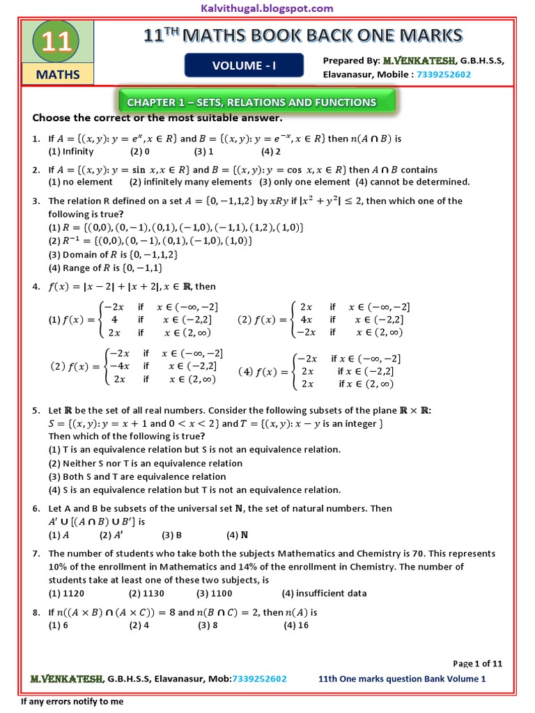 11th Maths 1 Marks Question Bank Book Back-1 | PDF | Elementary Mathematics | Mathematical Concepts