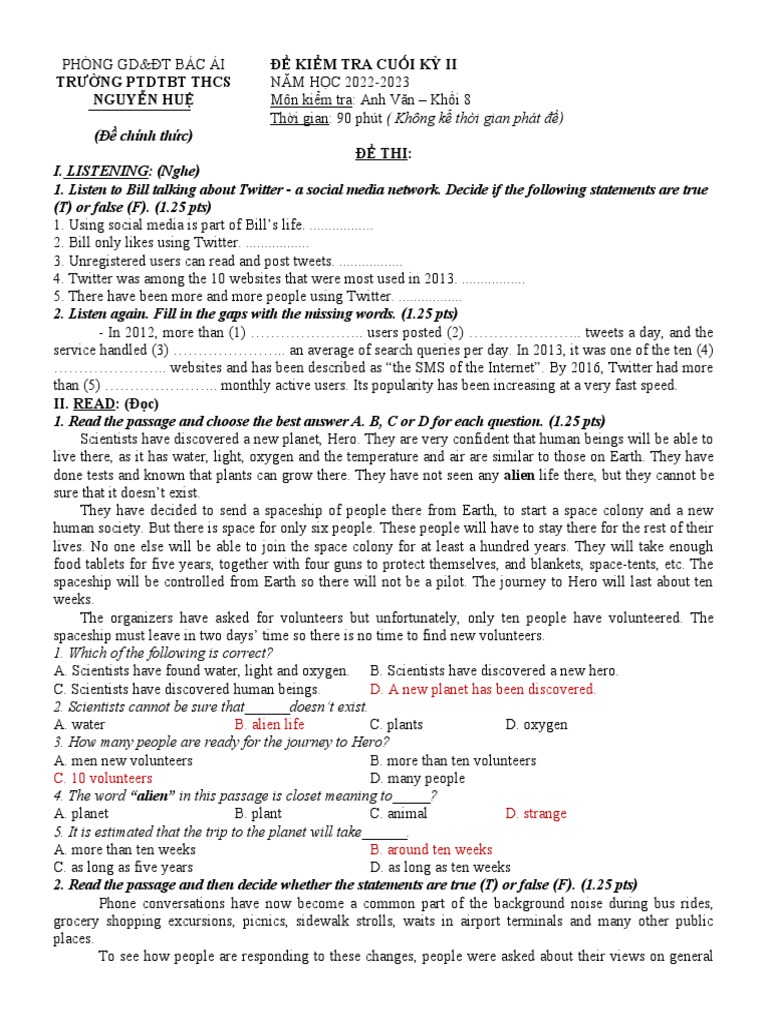 Đề Kiểm Tra Cuối Kỳ II Anh 8 | PDF | Extraterrestrial Life | Space Colonization
