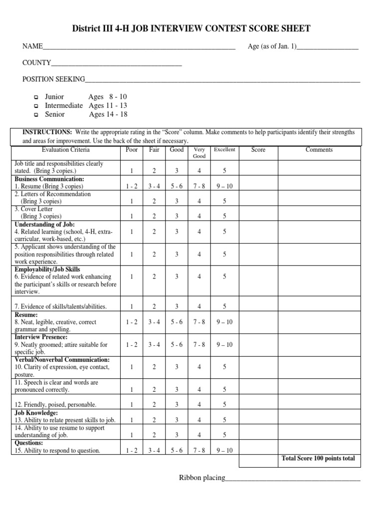 Job Interview Judging Sheet | PDF | Job Interview | Communication