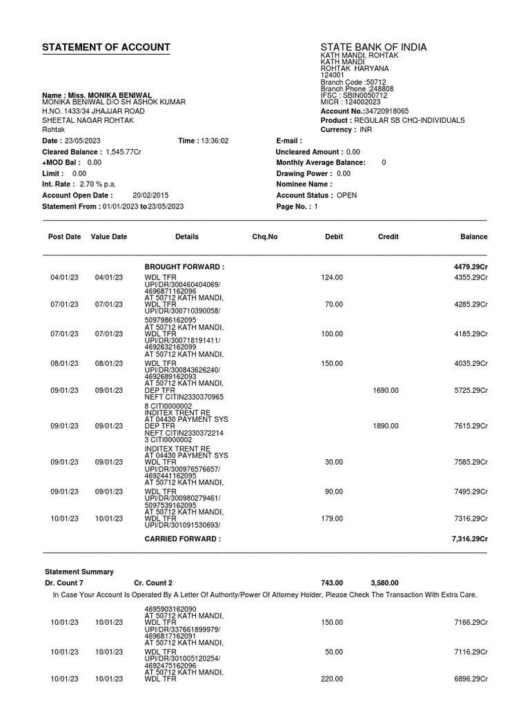 SBI Account Statement for Monika Beniwal | PDF | Debit Card | Debits ...