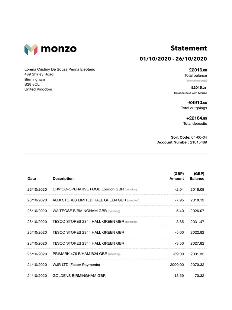 Monzo Bank Statement 2020 10 26 193614 | PDF | Retail Companies | Food ...