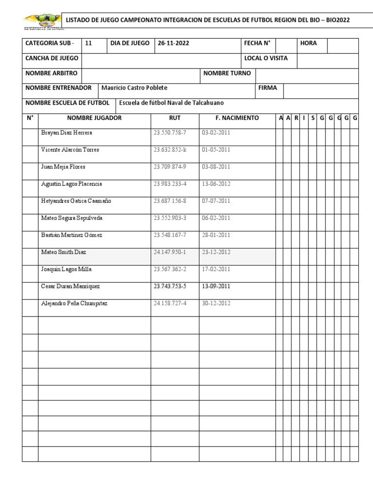 Modelo Planilla De Futbol Descargar Gratis Pdf Asociación De Futbol