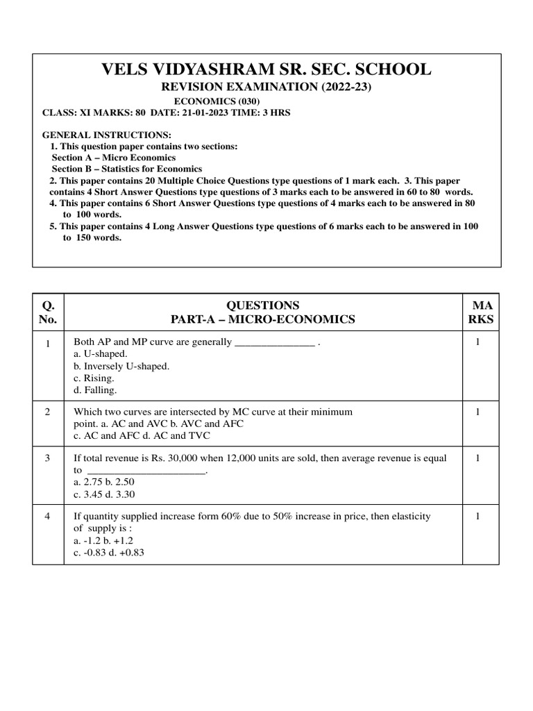 STD Xi - Eco QP | PDF | Cost Of Living | Supply (Economics)