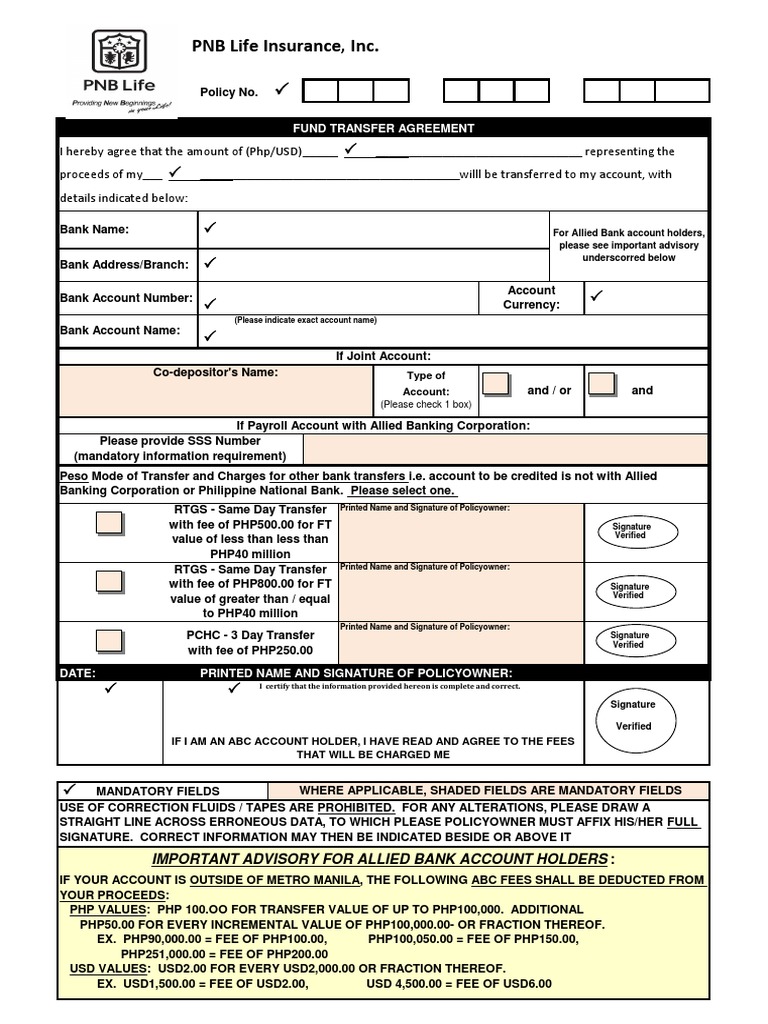 Fund Transfer Agreement for PNB Life Insurance | PDF | Banks | United ...