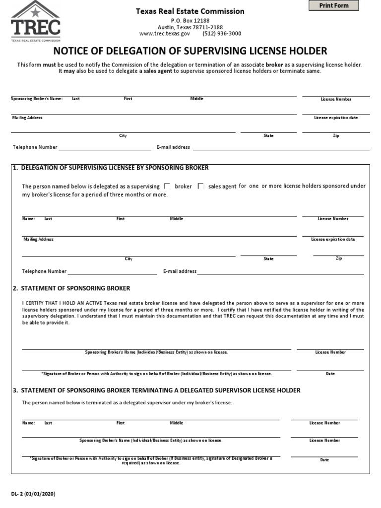 Texas Broker Supervisory Delegation Form | PDF | License