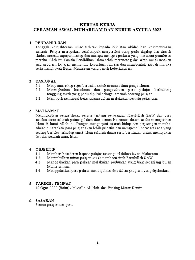 KERTAS KERJA AWAL MUHARRAM DAN BUBUR ASYURA | PDF