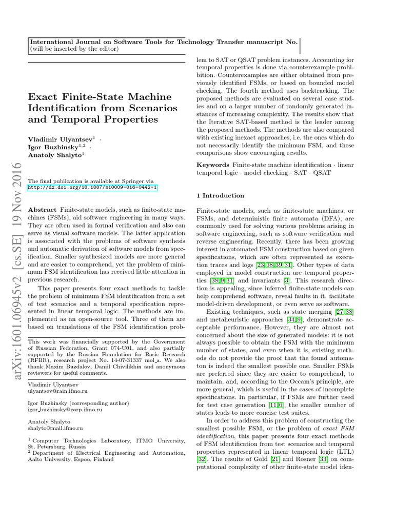 Exact Finite-State Machine Identification From Scenarios and Temporal Properties | PDF | Formal ...