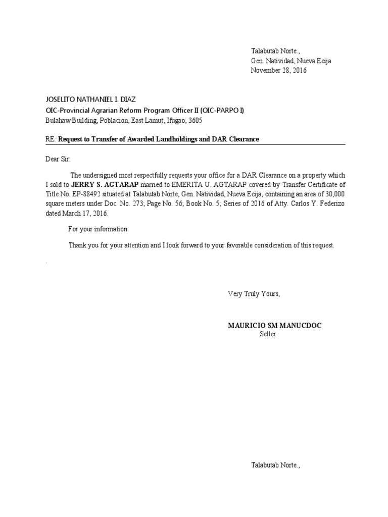 Letter Request for a DAR CLEARANCE | PDF