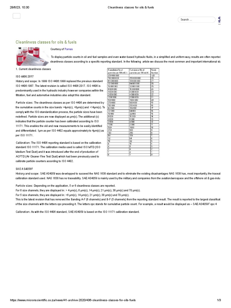 Cleanliness Classes For Oils & Fuels | PDF | Calibration | Metrology
