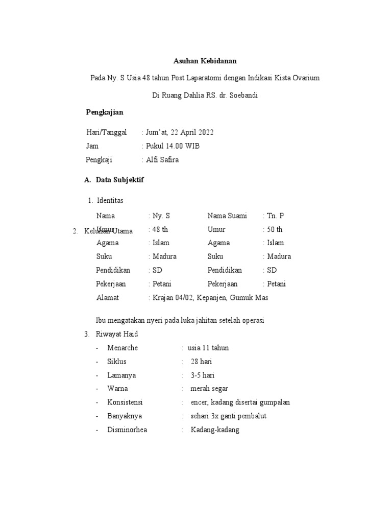 Asuhan Pasca Operasi Kista Ovarium | PDF