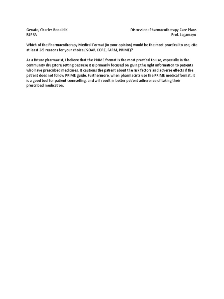 Genato - Clinpharm - Module 1 Discussion - Pharmacotherapy Care Plan | PDF