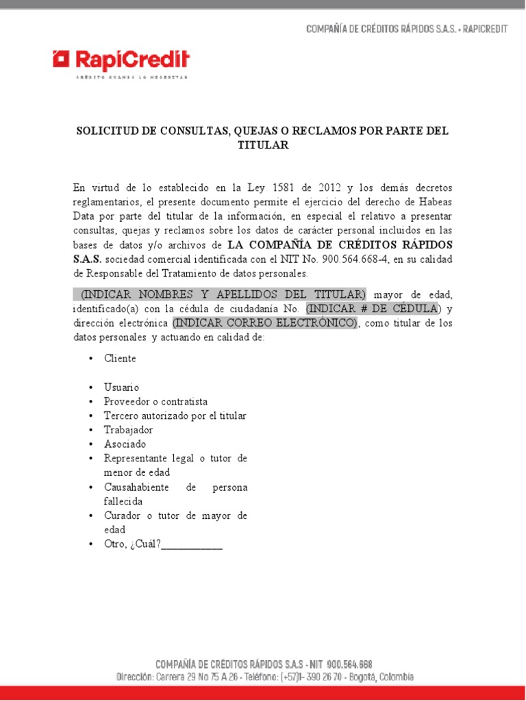 41 Formato para Ejercicio de Habeas Data Consultas Quejas y Reclamos ...