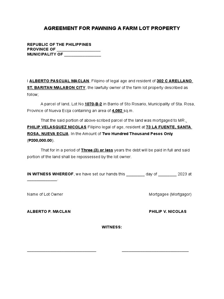AGREEMENT FOR PAWNING A FARM LOT PROPERTY | PDF
