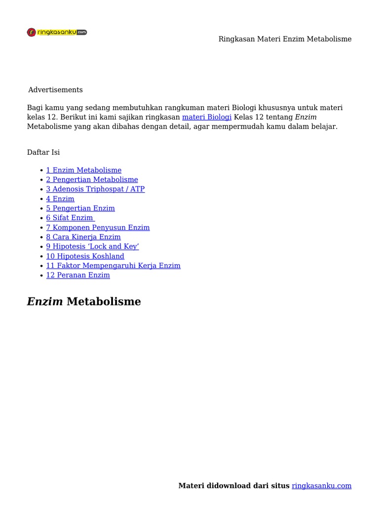 Ringkasan Materi Enzim Metabolisme | PDF | Kesehatan Holistik | Sains ...