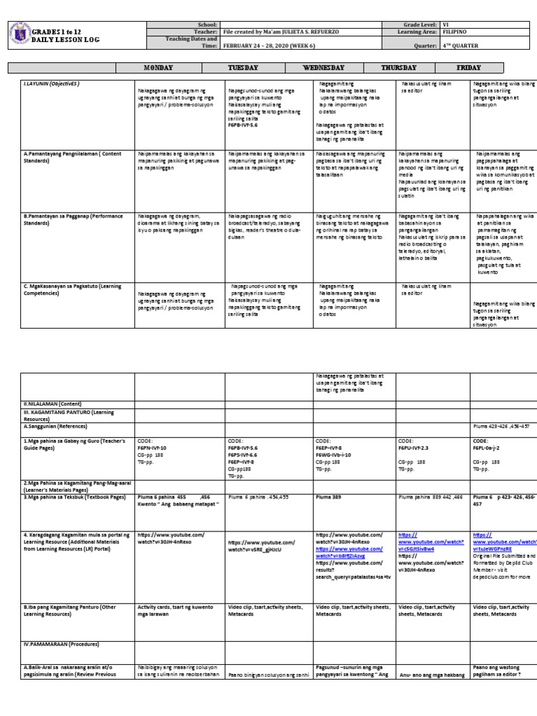 Dll Filipino 6 q4 w6 | PDF