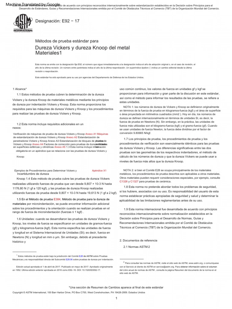 Métodos de Prueba ASTM E92-17 | PDF | Dureza | Ciencias fisicas