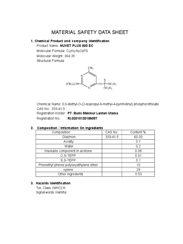 MSDS Nuvet Plus 600 EC | PDF | Water | Enzyme Inhibitor