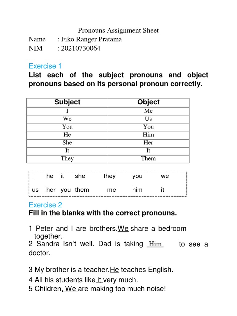 Exercises of Pronouns. | PDF | Pronoun | Cognitive Science