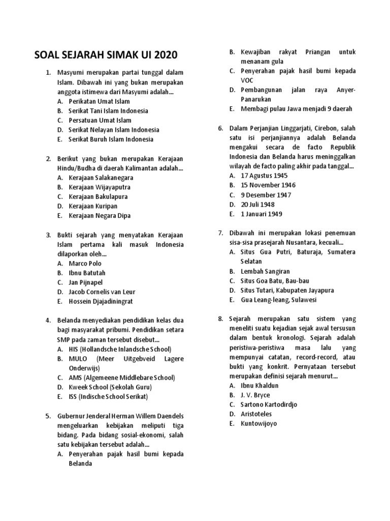Soal Sejarah Simak Ui 2020 | PDF