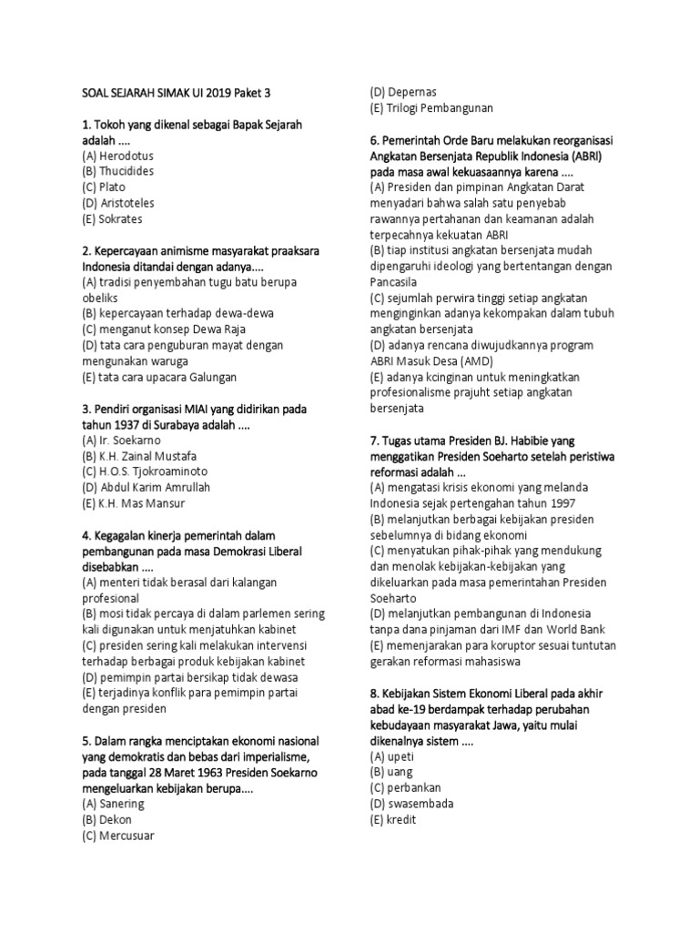 Soal Sejarah Simak Ui 2019 Paket 3 | PDF